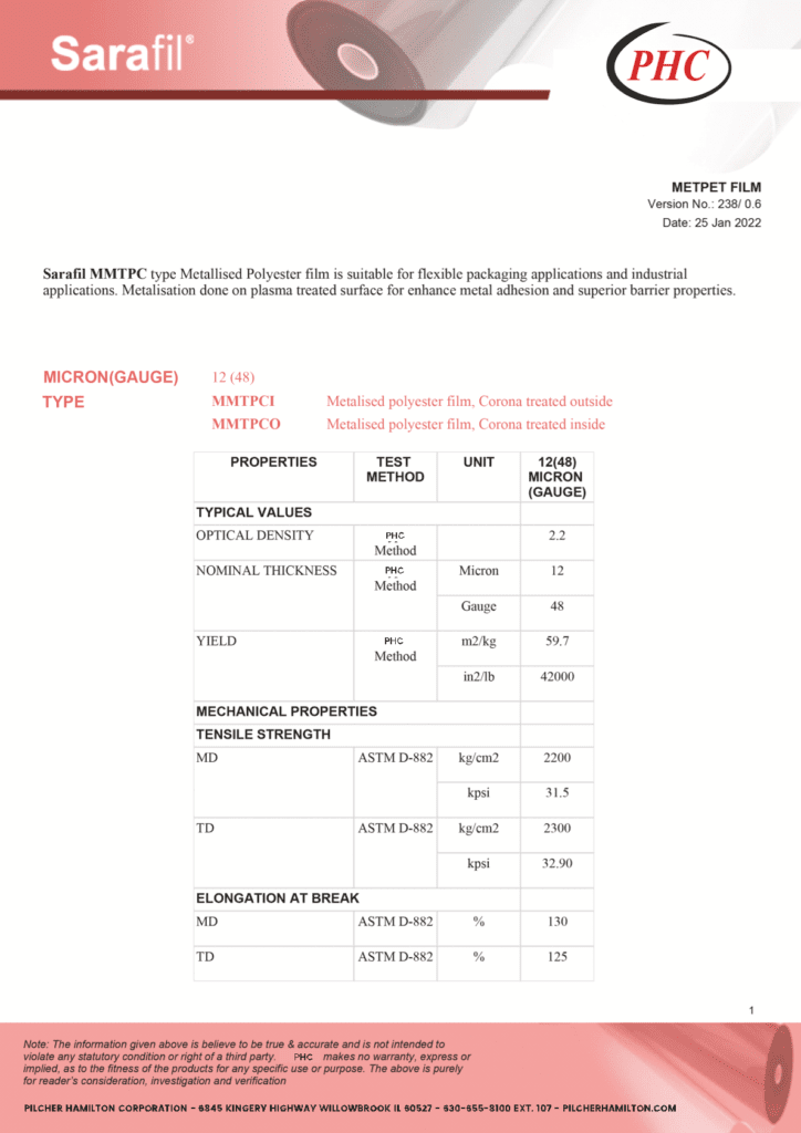 Polyester Film Datasheets USA – PET Film Specifications